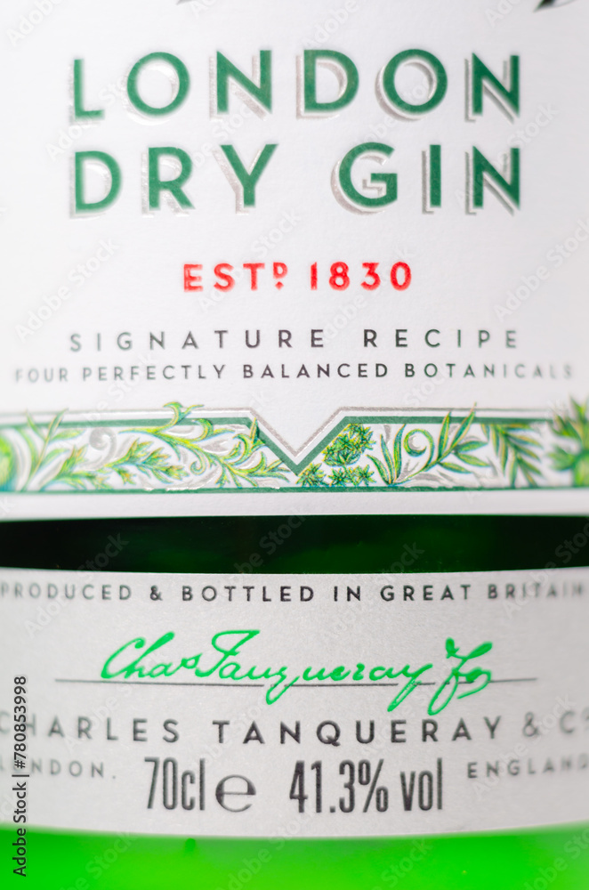 LONDON, UK - 28 MARCH 2024 Tanqueray London Dry Gin, a four-times ...