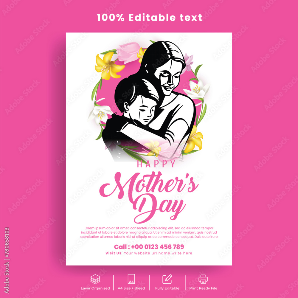 Happy Mother's day leaflet brochure cover template with mom child ...