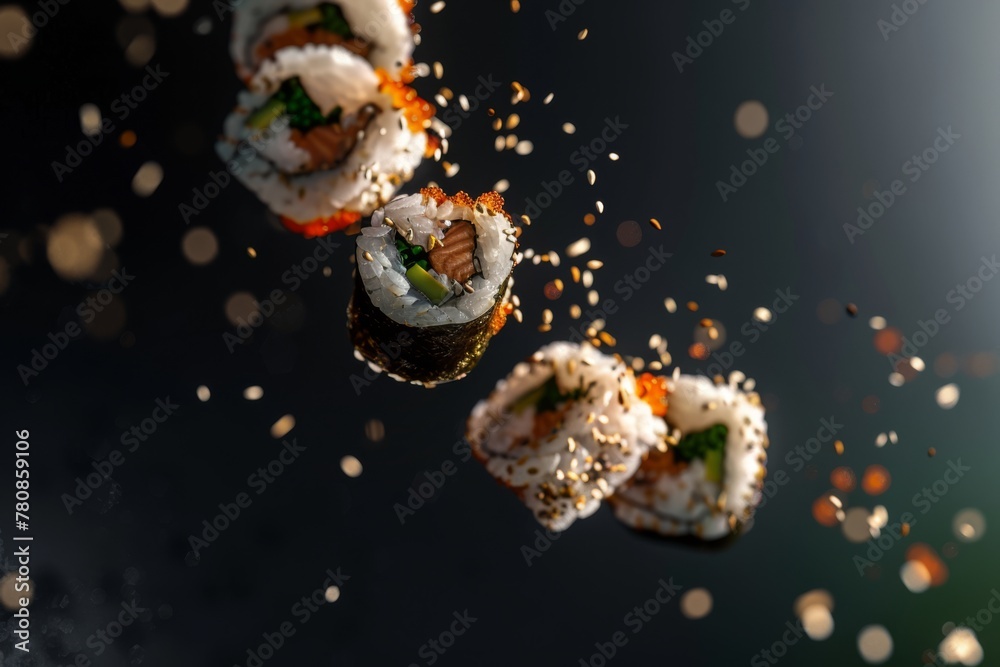 Dynamic image of sushi rolls and scattered ingredients suspended in mid ...