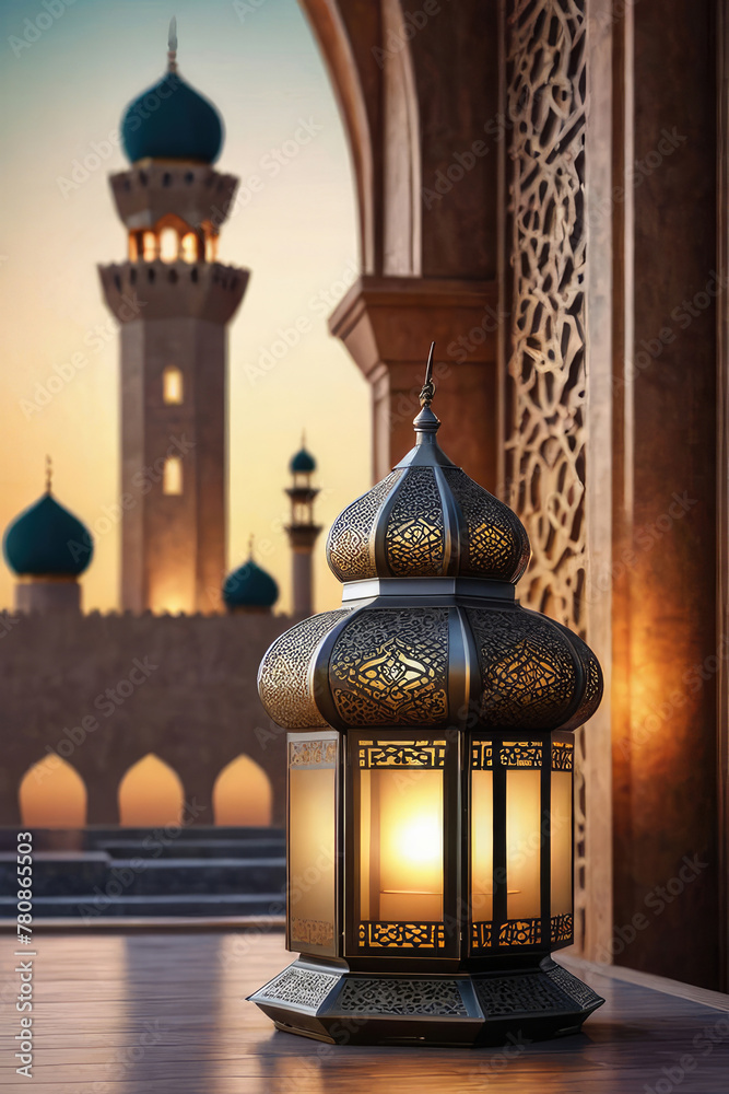 Minimalist Islamic backdrop with vintage arabic lantern in the night ...