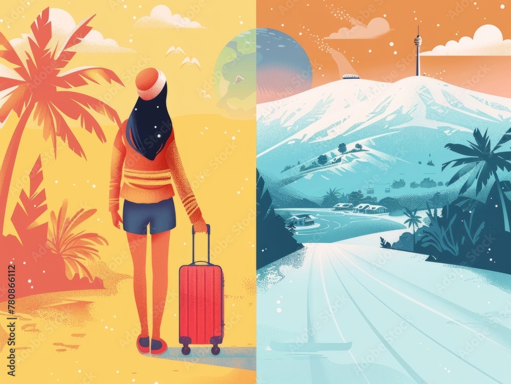 Split concept illustration contrasting a beach vacation with a winter ...
