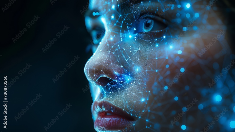 Art style cyber digital, orthographic front view of a face with fresnel ...