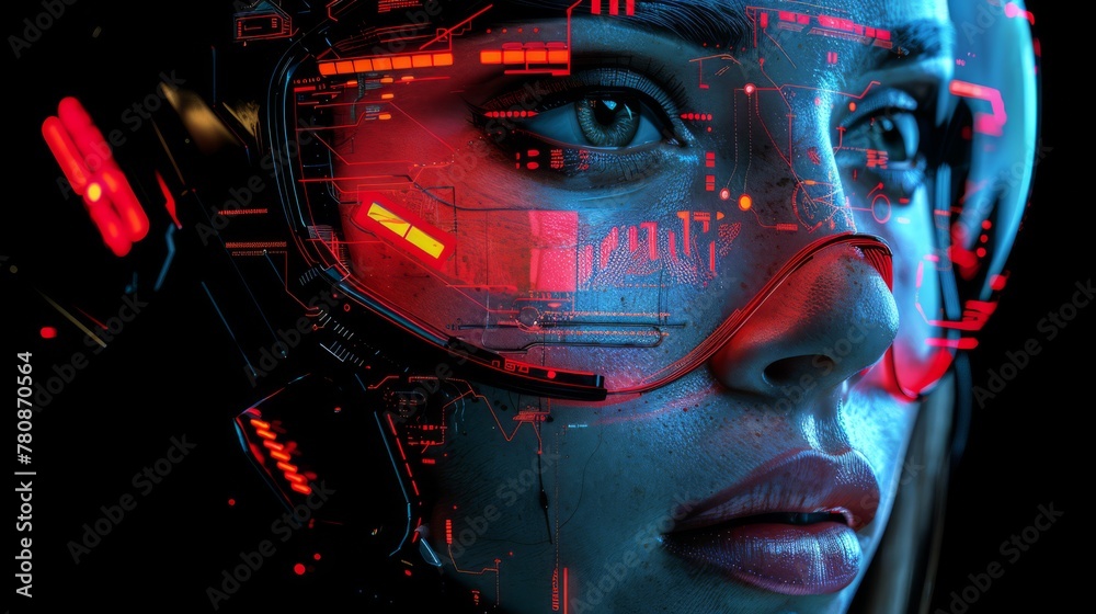 Art style cyber digital, orthographic front view of a face with fresnel ...