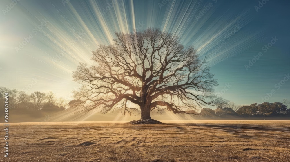 Animated light rays shining down on a lone tree with perfect symmetry ...