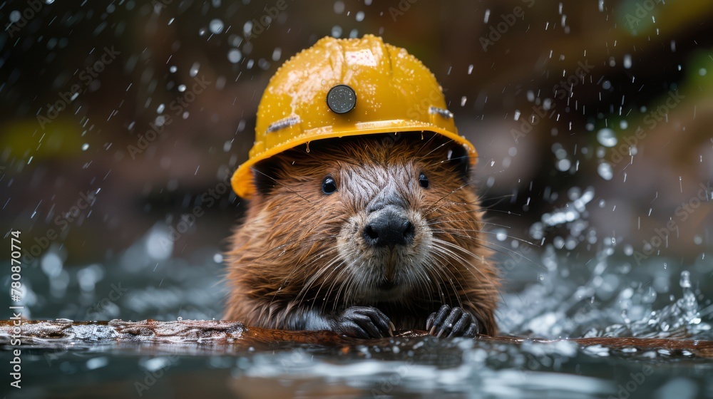 Black and white, high-contrast portrait of a beaver as a construction ...