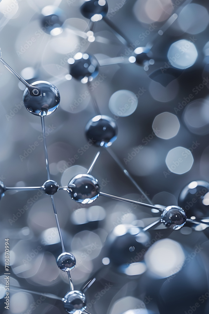 Abstract background with molecular structure. Molecule model on gray bokeh background. Atom ...