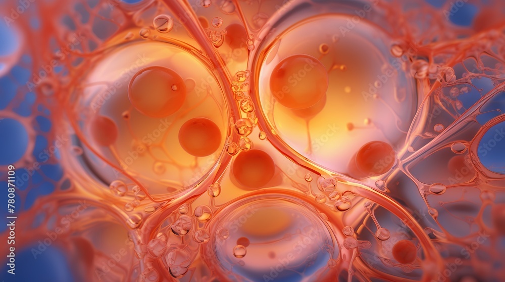 fat cells, adipocytes or blood cells in body tissues under a microscope ...