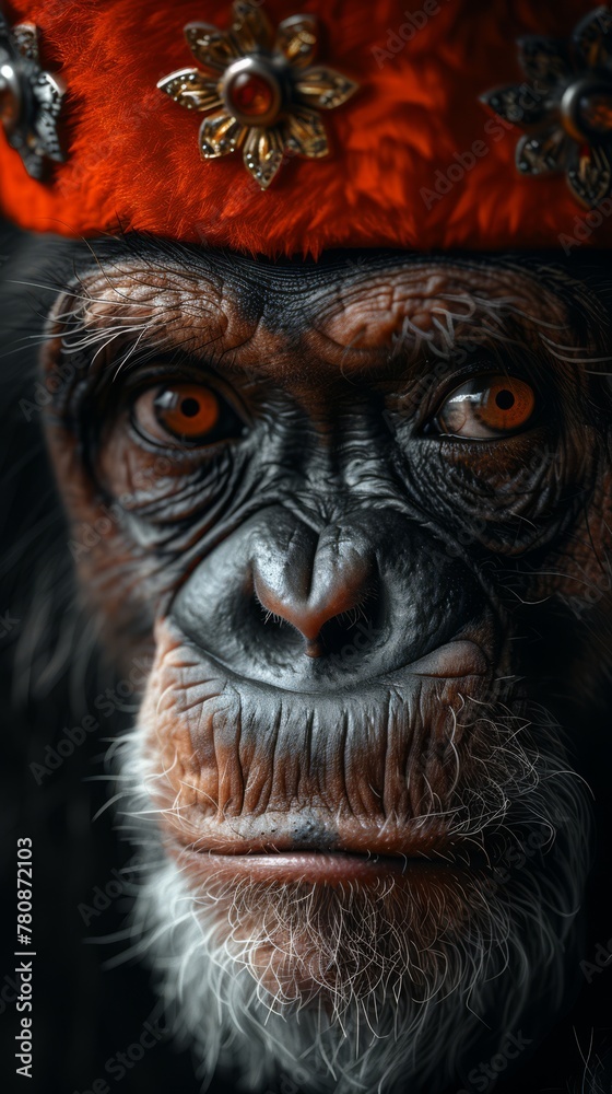 Black and white, high-contrast portrait of a monkey as King, bright ...