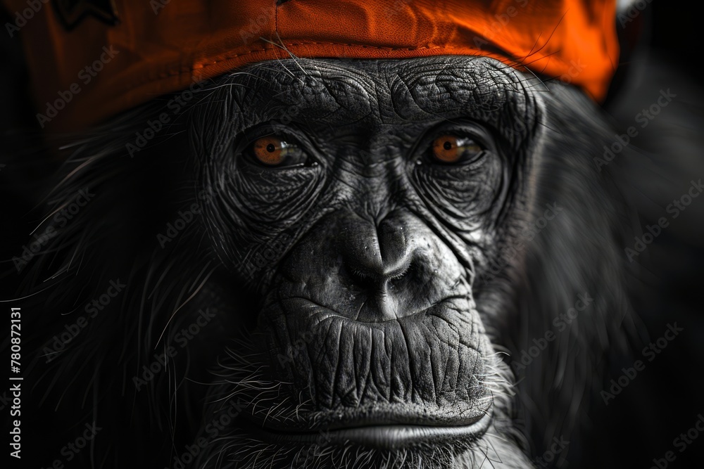 Black and white, high-contrast portrait of a monkey as King, bright ...