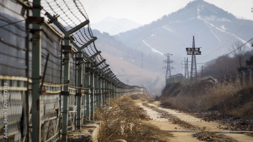 Poster Barbed wire border in Korea's demilitarized zone (DMZ) between North and South Korea ...