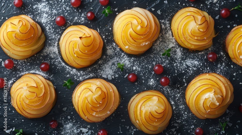 Potato noisettes separated on random background top view food ...