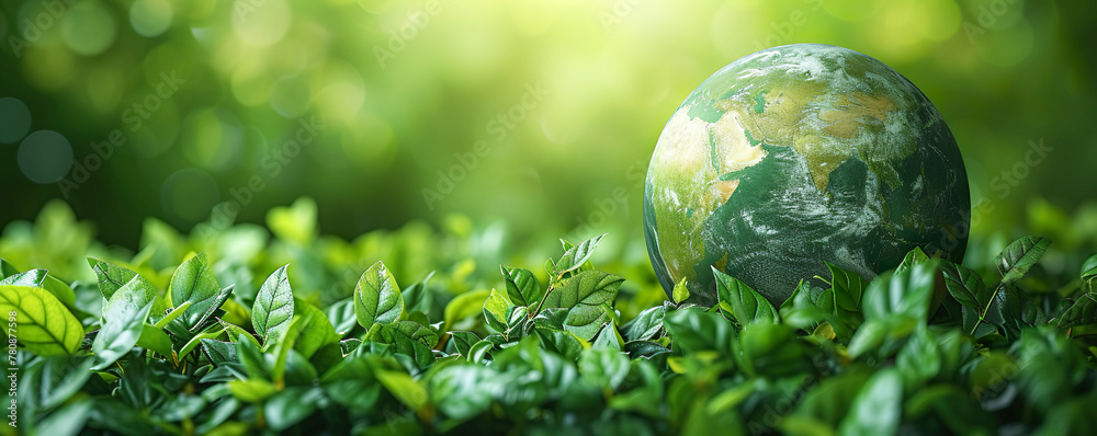 A green background with an earth globe and plant leaves. Green ...