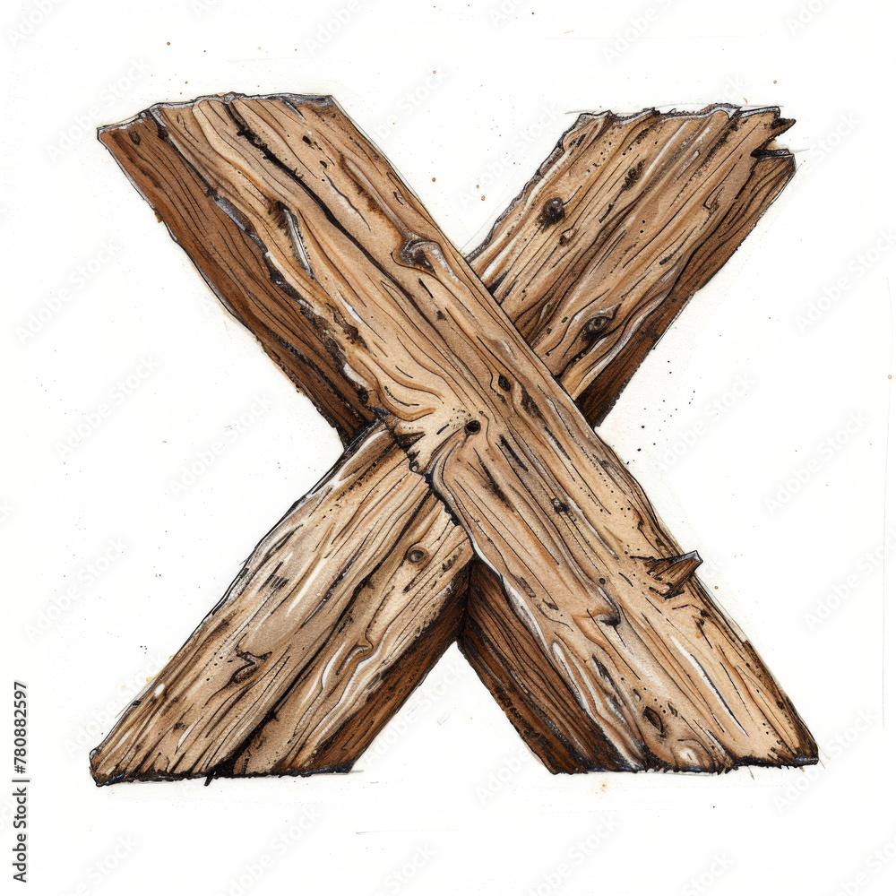 This image shows an old rugged wooden cross on pure white background ...