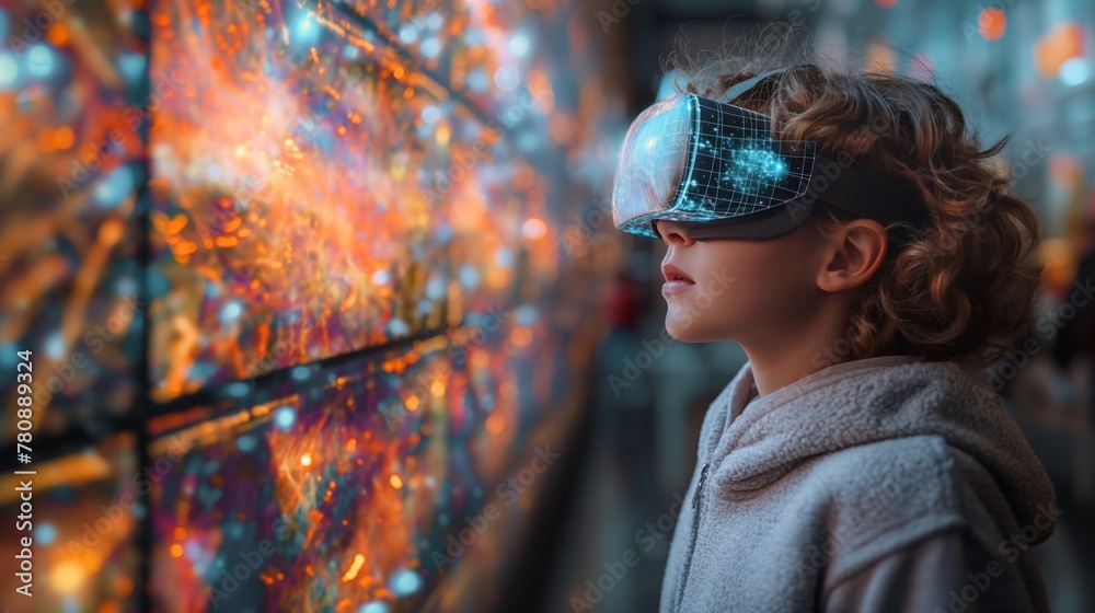 Curious child exploring immersive virtual reality world. Innovative VR ...