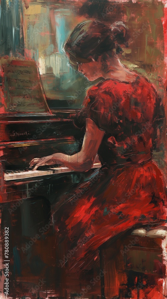 Portrait of a female pianist. Picture of a musician in impressionist ...