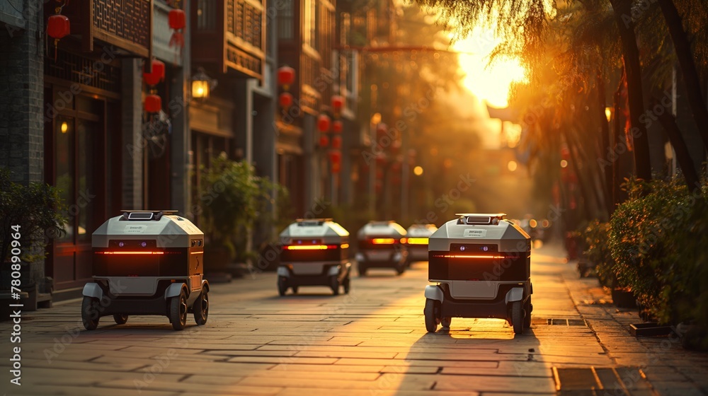 Autonomous delivery robots at dawn on a traditional urban street ...