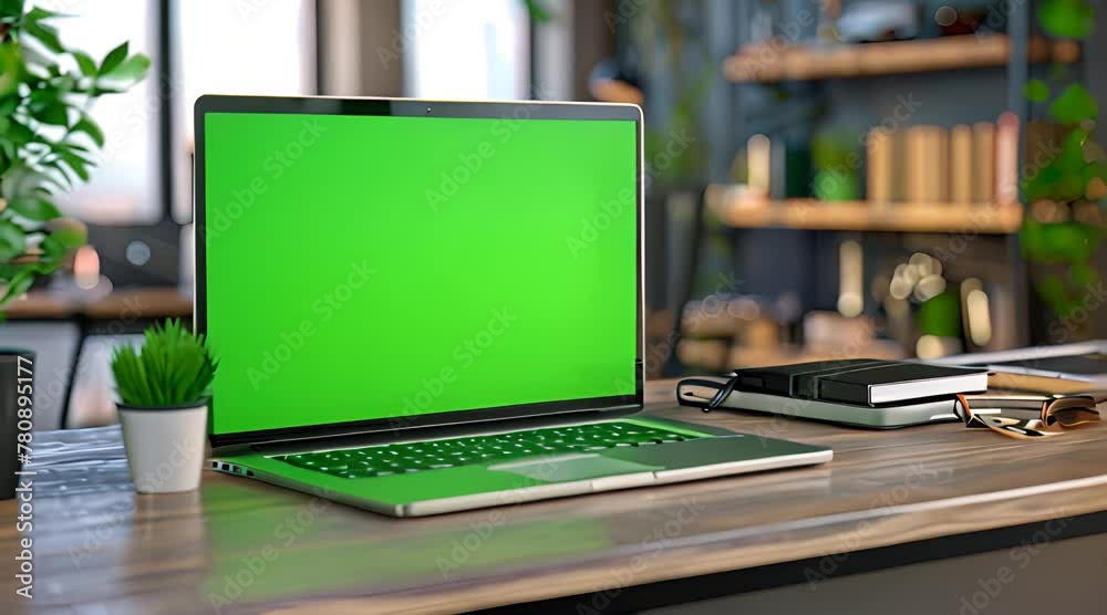 aptop display with green screen background on office desk, people ...