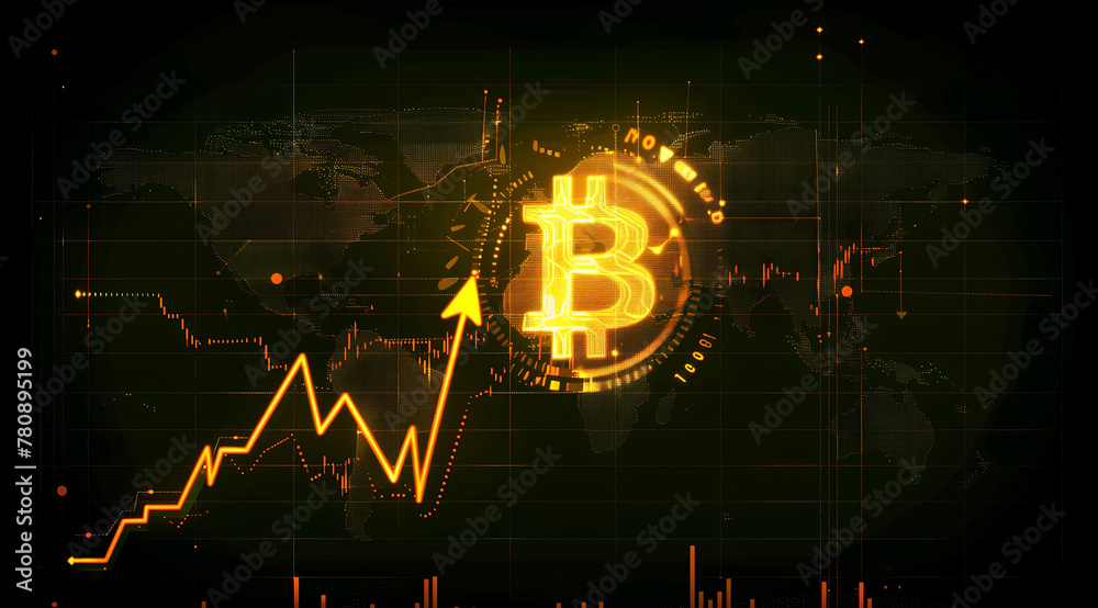 Bitcoin market chart with BTC logo and upward trending digital currency ...