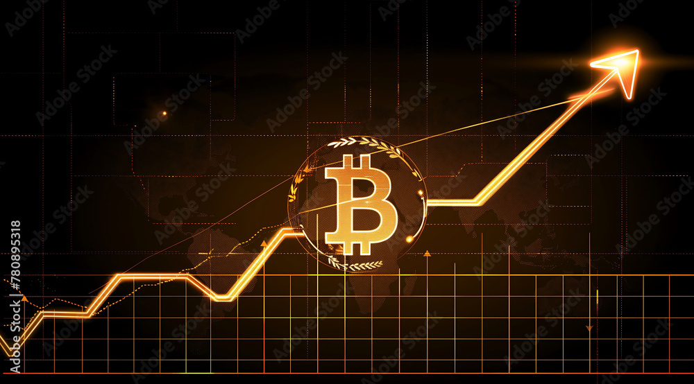 Bitcoin market chart with BTC logo and upward trending digital currency ...