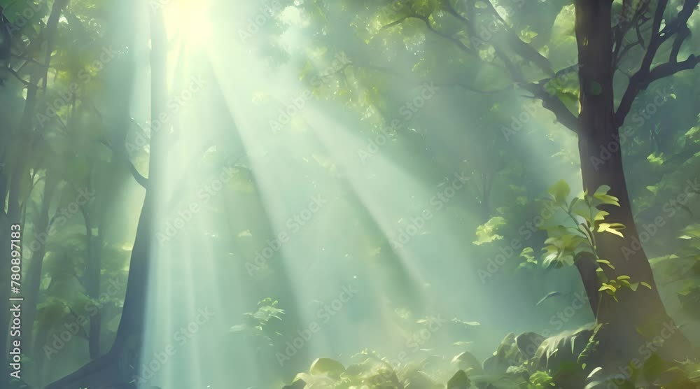 Mysterious dark forest with rays of light shining through the trees, A deep, mysterious forest ...