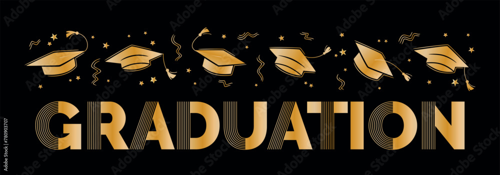 Graduation greeting sign with square academic caps high into the air ...
