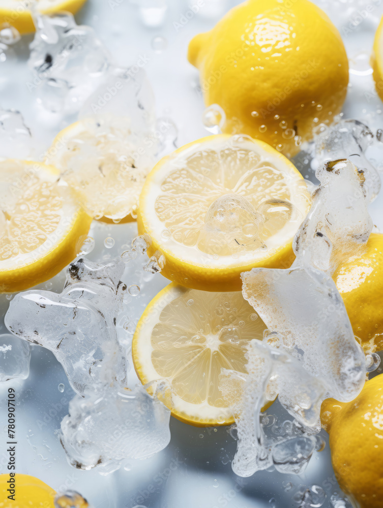 Fresh juicy wet lemons and ice tubes, vibrant lemon slices floating amidst crystal clear ice ...