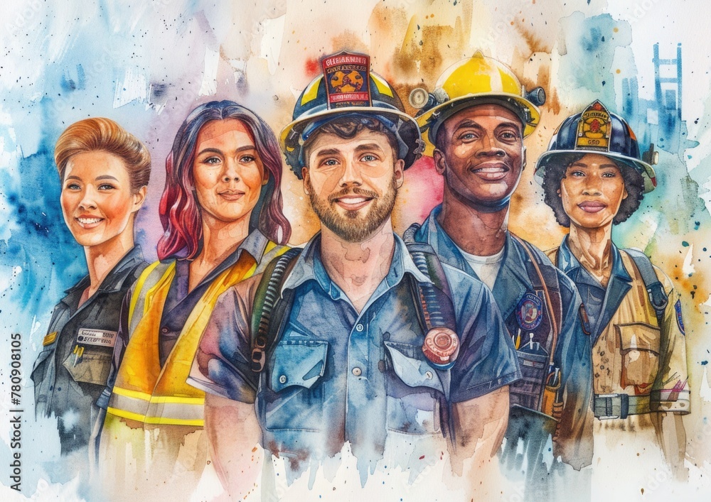 Labor Day. Watercolor illustration of a diverse group of workers from ...