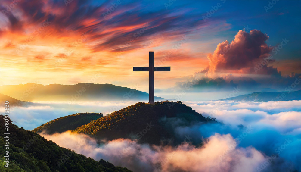 Jesus cross symbol on vibrant clouds backdrop, symbolizing hope ...