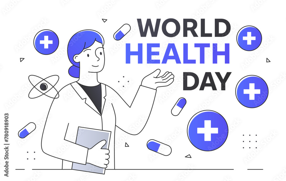 Cartoon illustration of a healthcare worker for World Health Day, with ...