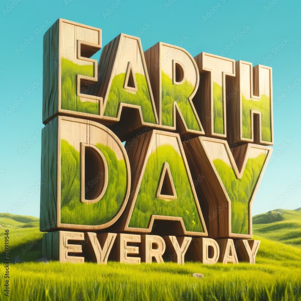 3d text of earth day every day on a grassy field. 3D wooden block ...