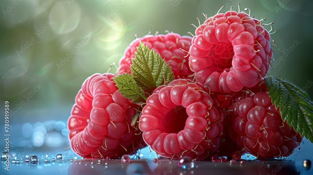 A raspberry cluster, featuring one berry crowned by a green leaf, is ...