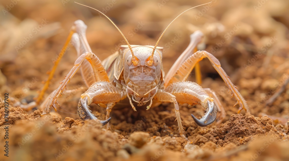 Soil-dwelling mole cricket up close. Gryllotalpa gryllotalpa in natural ...