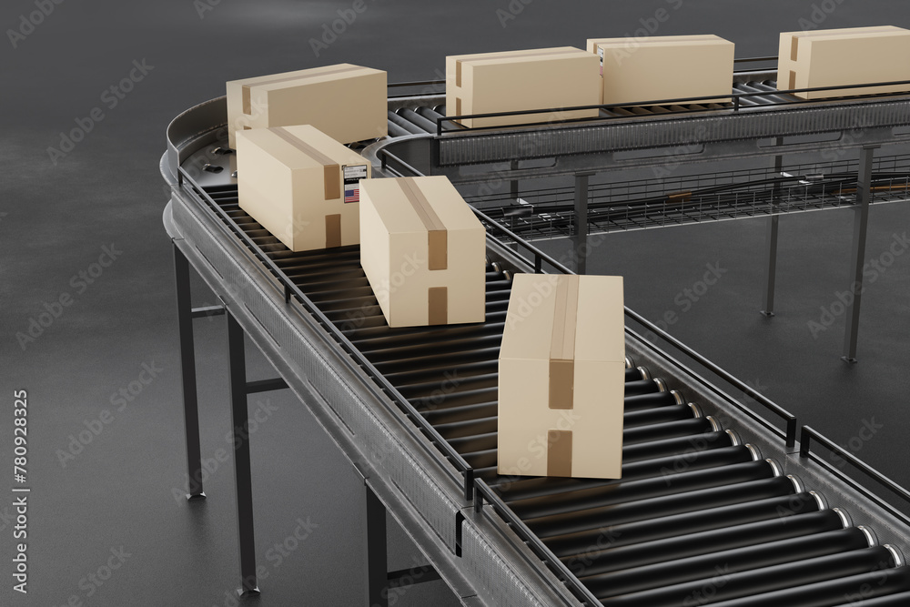 Conveyor line with boxes. A sorting center with a conveyor. The boxes ...