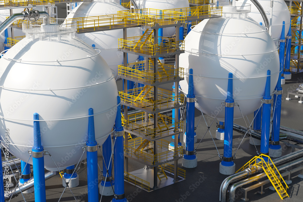 Spherical containers for chemical production. Top view of the chemical ...