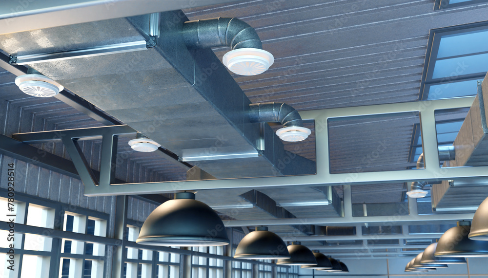 HVAC system. Fragment of industrial ventilation on the ceiling of the ...
