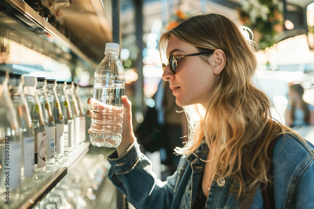 A woman using a reusable water bottle at a refill station ...