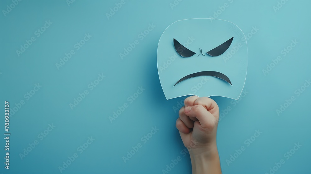 World mental health day concept. Hand holding paper cut angry face on ...
