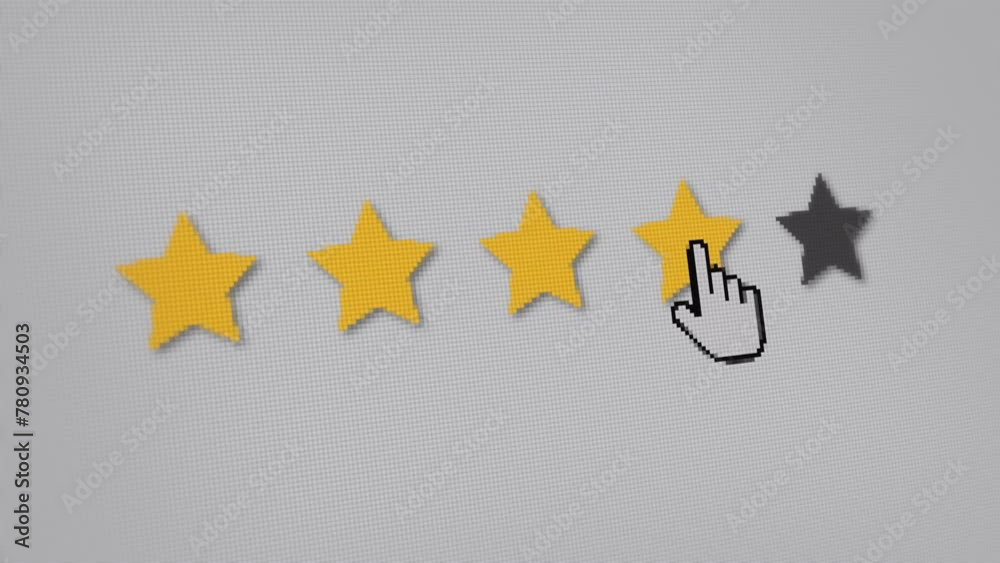 The mouse pointer clicks the five stars on the device screen. Review page or app. User leaves a ...