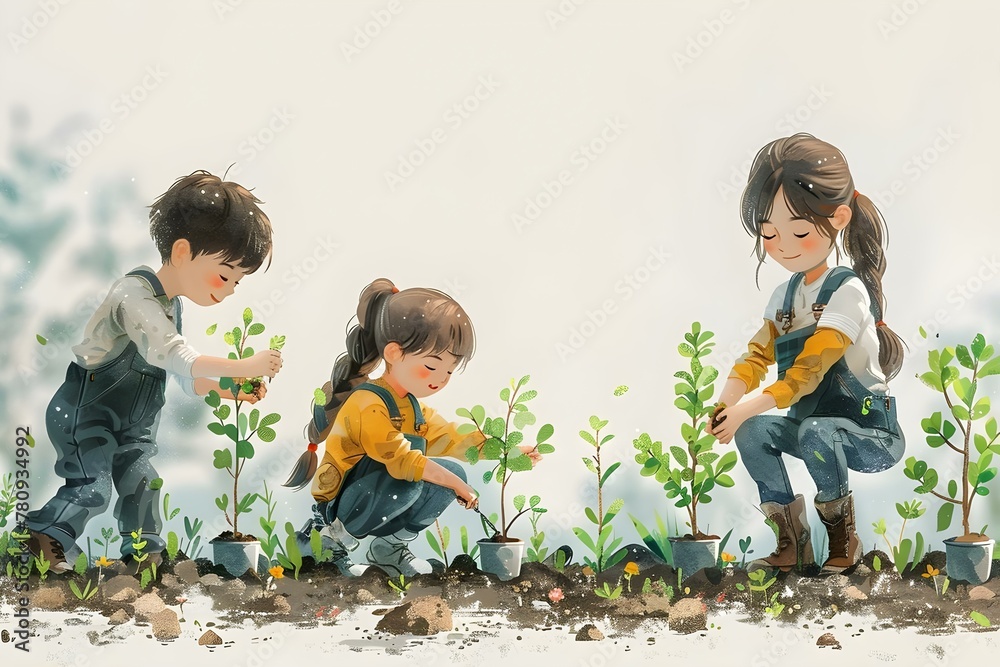 Earth Day cartoon characters planting seedlings and growing trees in ...