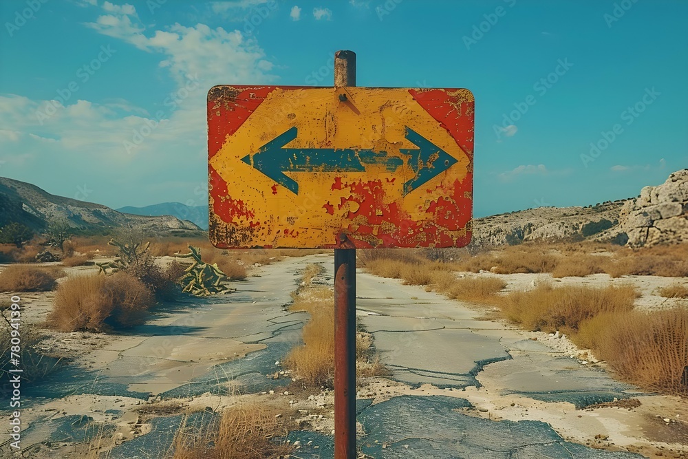 Surreal split road signpost with arrows presenting a challenging ... Surreal split road signpost with arrows presenting a challenging ...