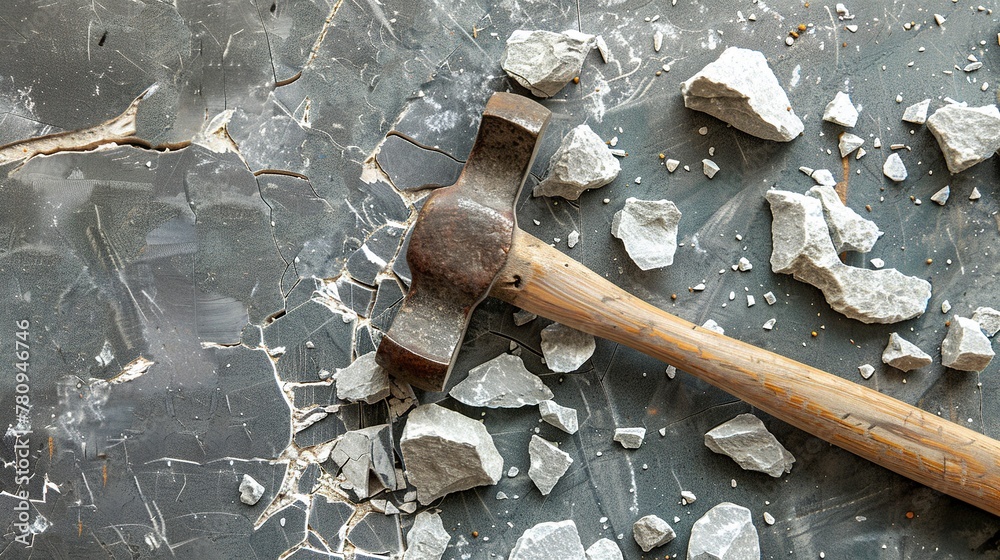 A sledgehammer with pieces of broken stones on a gray background. A ...