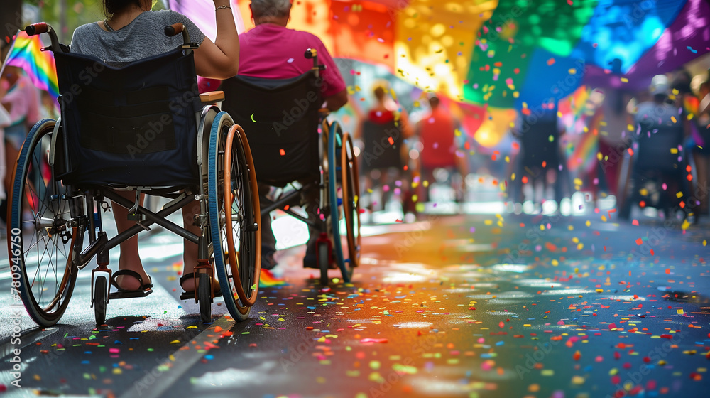 Inclusive happy disabled wheelchair users celebrating pride LGBTQ+ ...