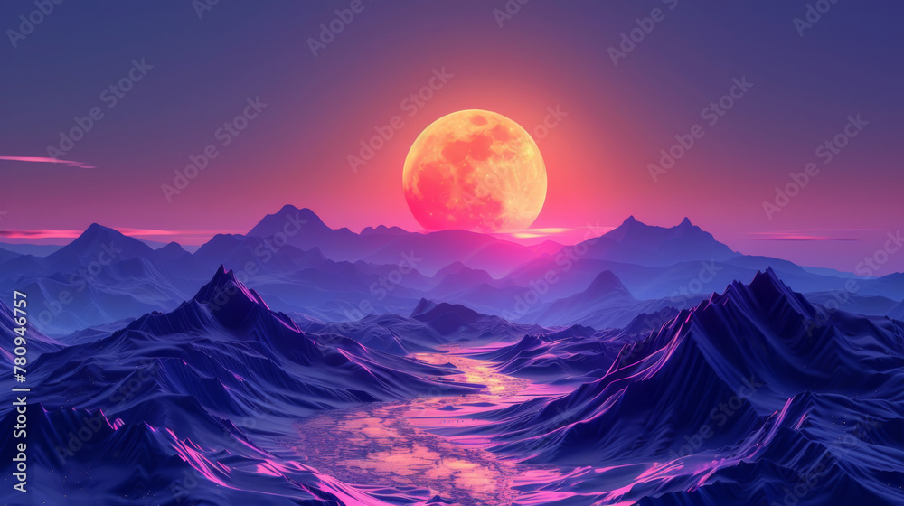 Stunning digital landscape featuring a luminous red moon setting behind ...
