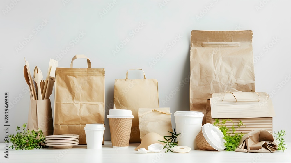 Group shot of biodegradable and recyclable food packaging on white ...