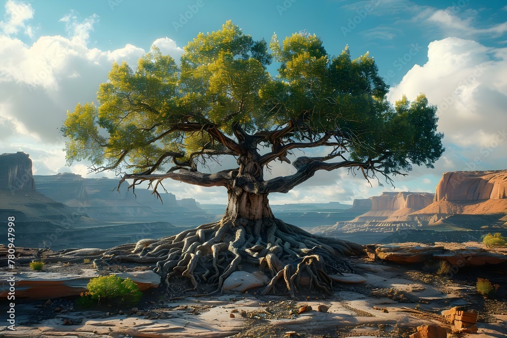 Tree in desert setting with split trunk and large visible roots ...
