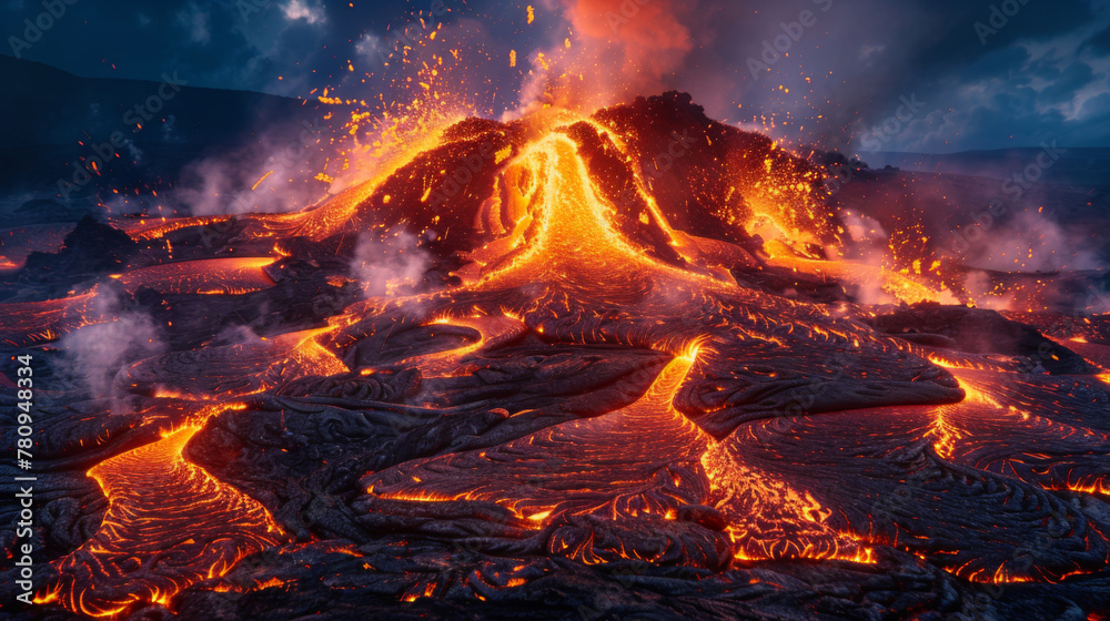 Dramatic scene of a volcanic eruption with vibrant lava flows and ...