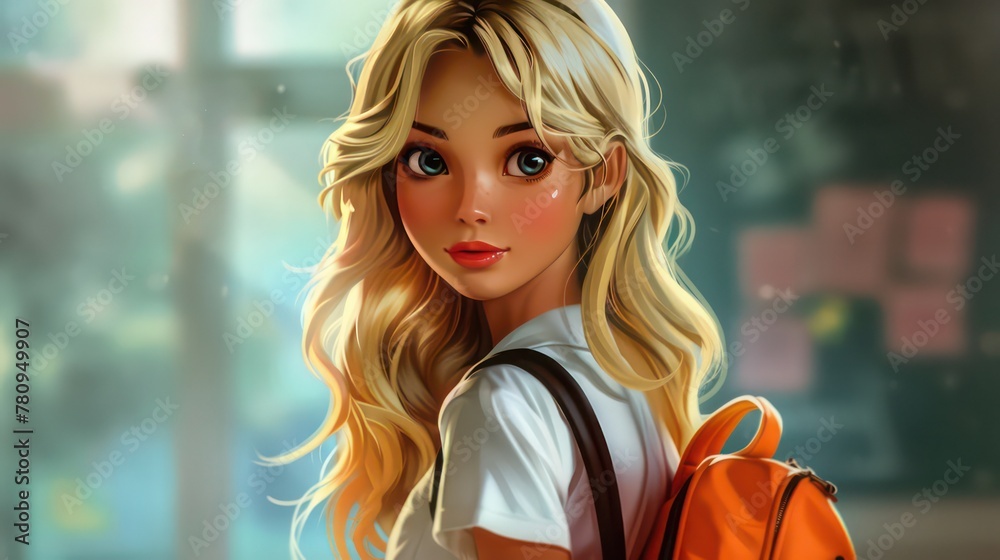 Beautiful generic blond teen girl character portrait with school ...