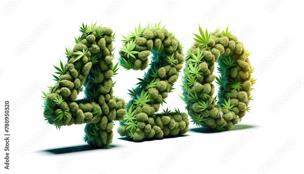 420 numbers made from cannabis buds and hemp leaves isolated on white ...