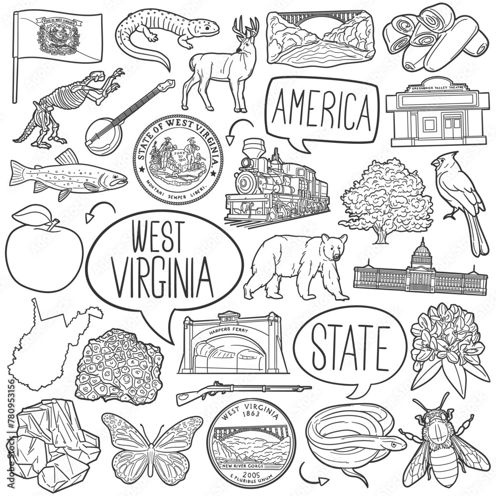 West Virginia Doodle Icons Black and White Line Art. USA State Clipart ...
