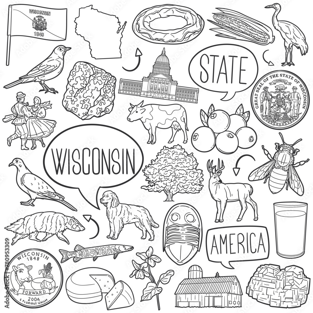 Wisconsin Doodle Icons Black and White Line Art. USA State Clipart Hand ...